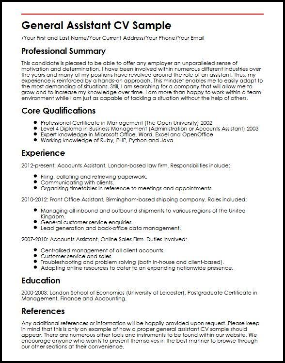 General Assistant CV Sample MyPerfectCV