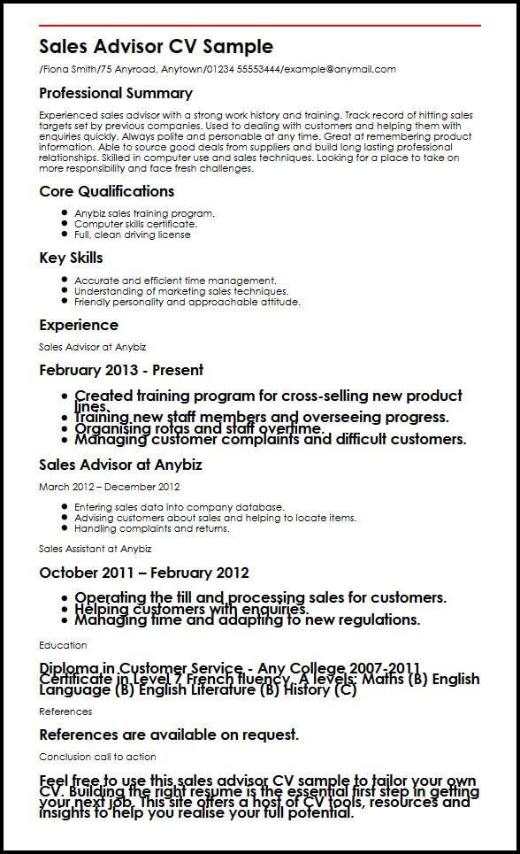 Sales Advisor CV Sample MyperfectCV