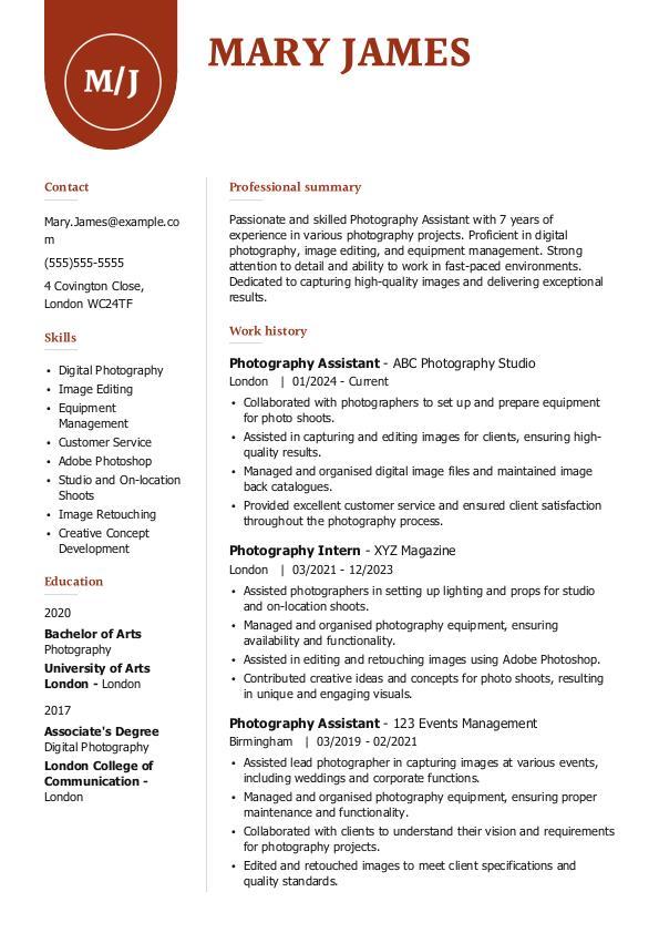 Photography assistant CV examples & templates | myPerfectCV