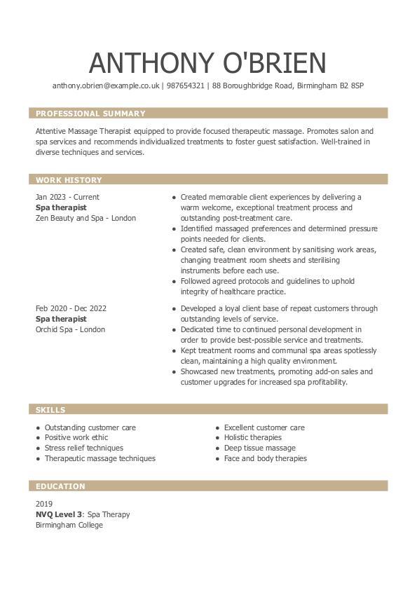 Spa therapist CV examples, templates & samples | myPerfectCV