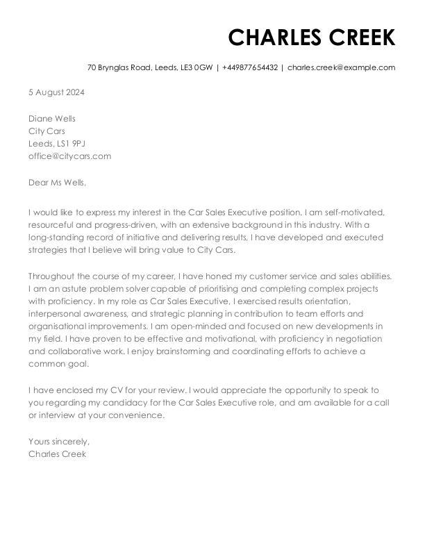Car Sales Cover Letter Examples and Tips | myPerfectCV