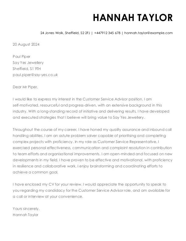 Cover Letter Customer Service Advisor Examples | myPerfectCV