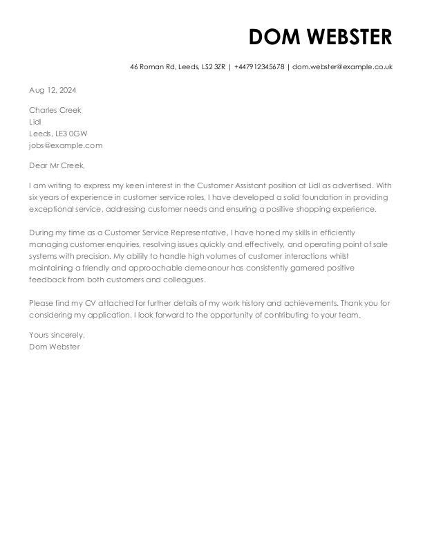 Customer Assistant Cover Letter Templates | myPerfectCV