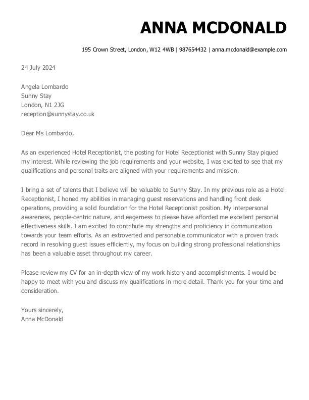 Hotel Receptionist Cover Letter Examples | myPerfectCV