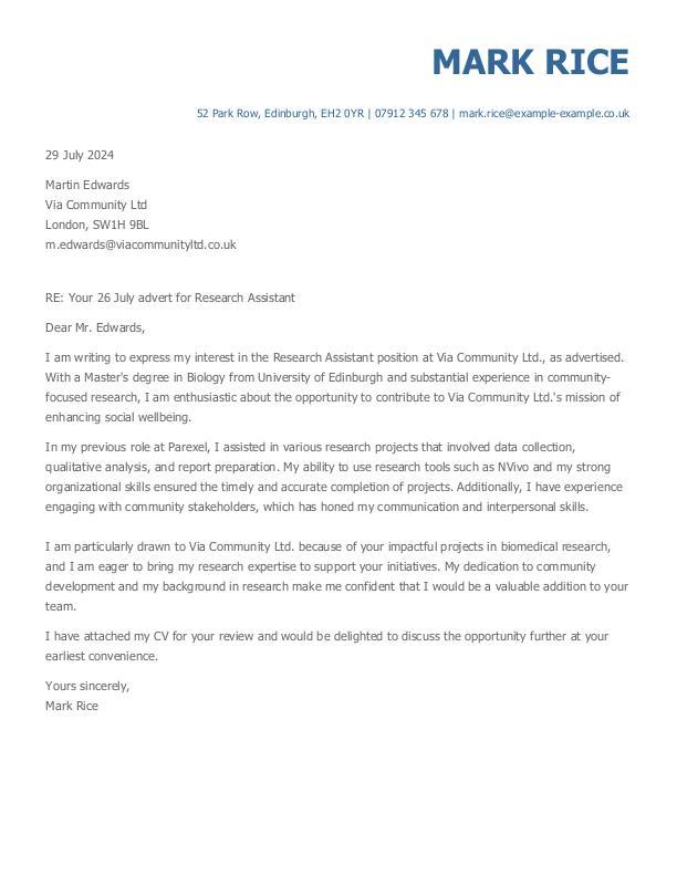Research Assistant Cover Letter Examples | myPerfectCV