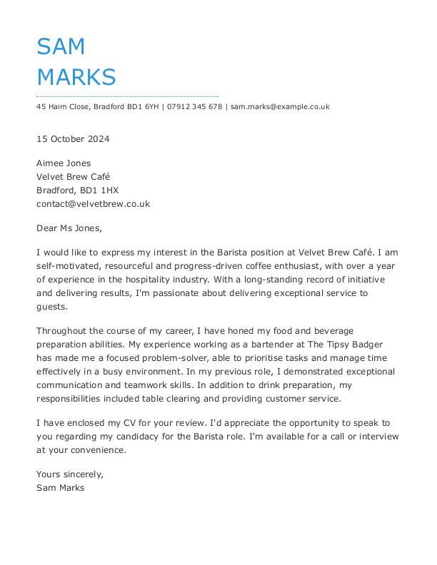 Barista Cover Letter Examples and Writing Tips | myPerfectCV