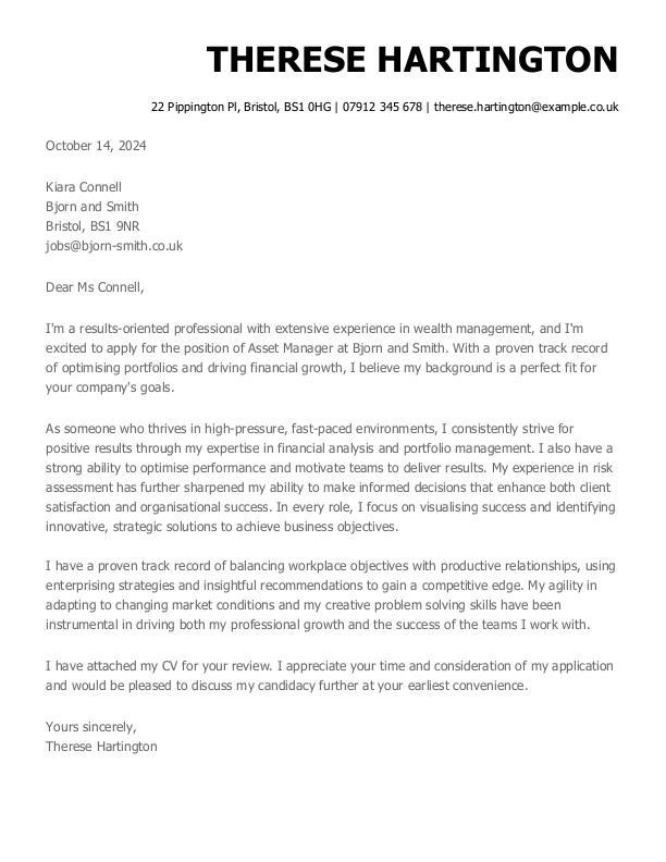 Asset Management Cover Letter Examples | myPerfectCV
