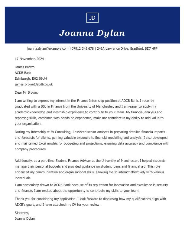 Finance Internship Cover Letter Examples | myPerfectCV