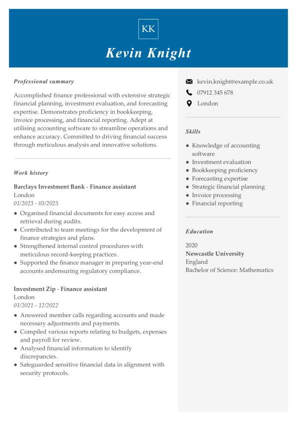 Finance Assistant CV examples & templates | myPerfectCV