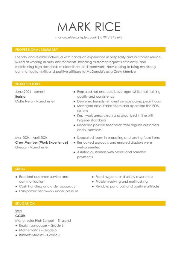 McDonald's CV examples & templates | myPerfectCV